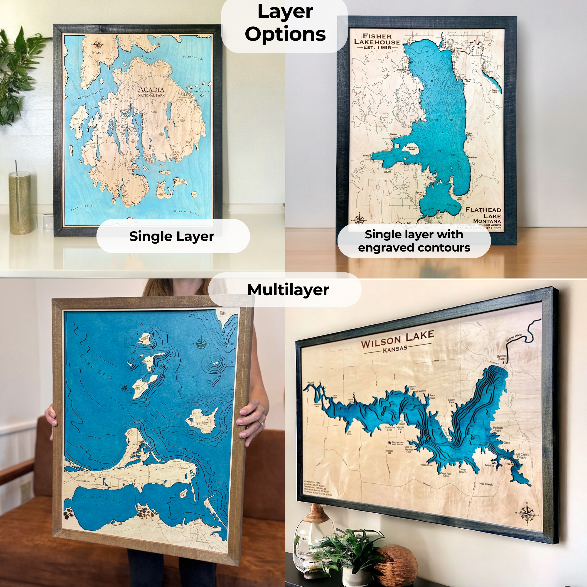 Custom 3D Lake Map | Personalized Wood Carved Lake Wall Art – Map Cuts